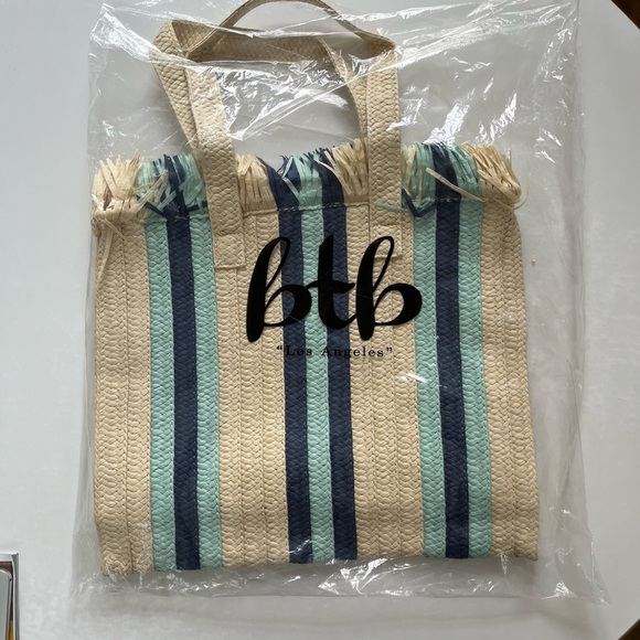 BTB | Bags | Btb New Fringe Tote Bag In Beige And Blue Stripe | Poshmark
